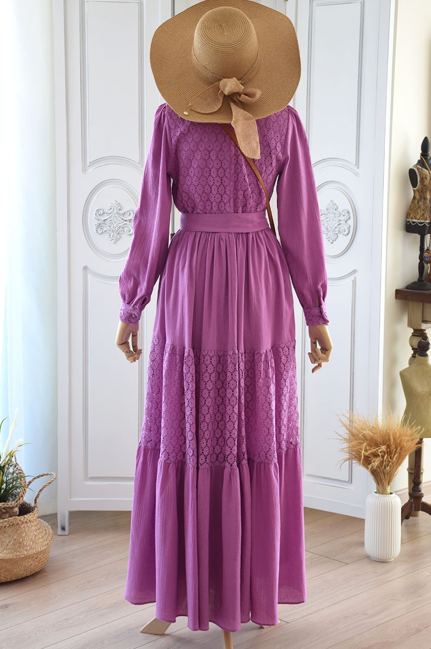 Tüllü Eflatun Renk Elbise - Eminos Butik