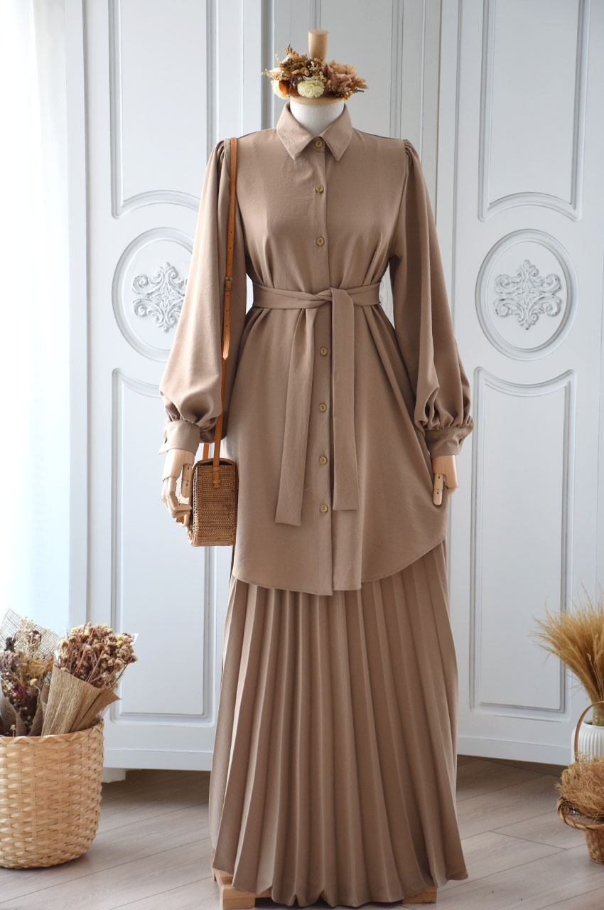 Bej Rengi Piliseli Etek - Eminos Butik