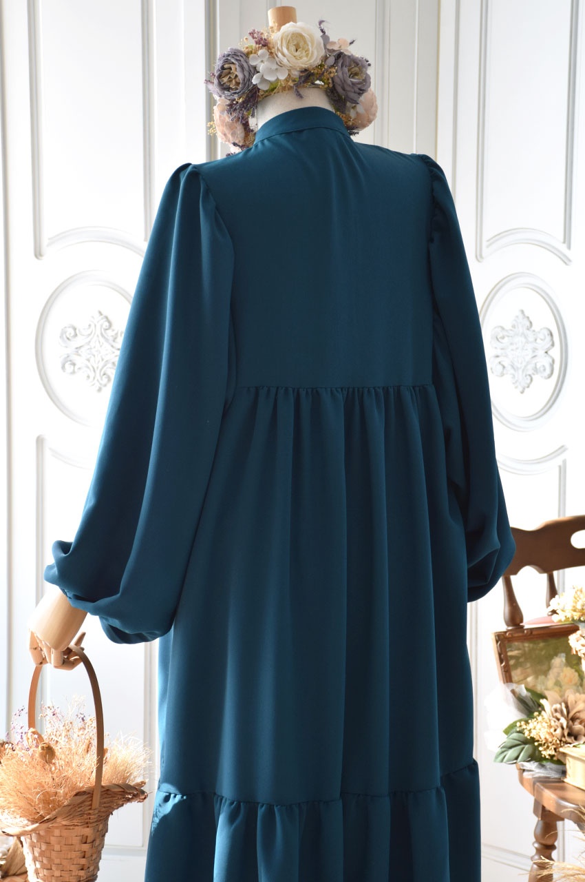 Balon Kol Model Elbise Petrol Mavisi - Eminos Butik