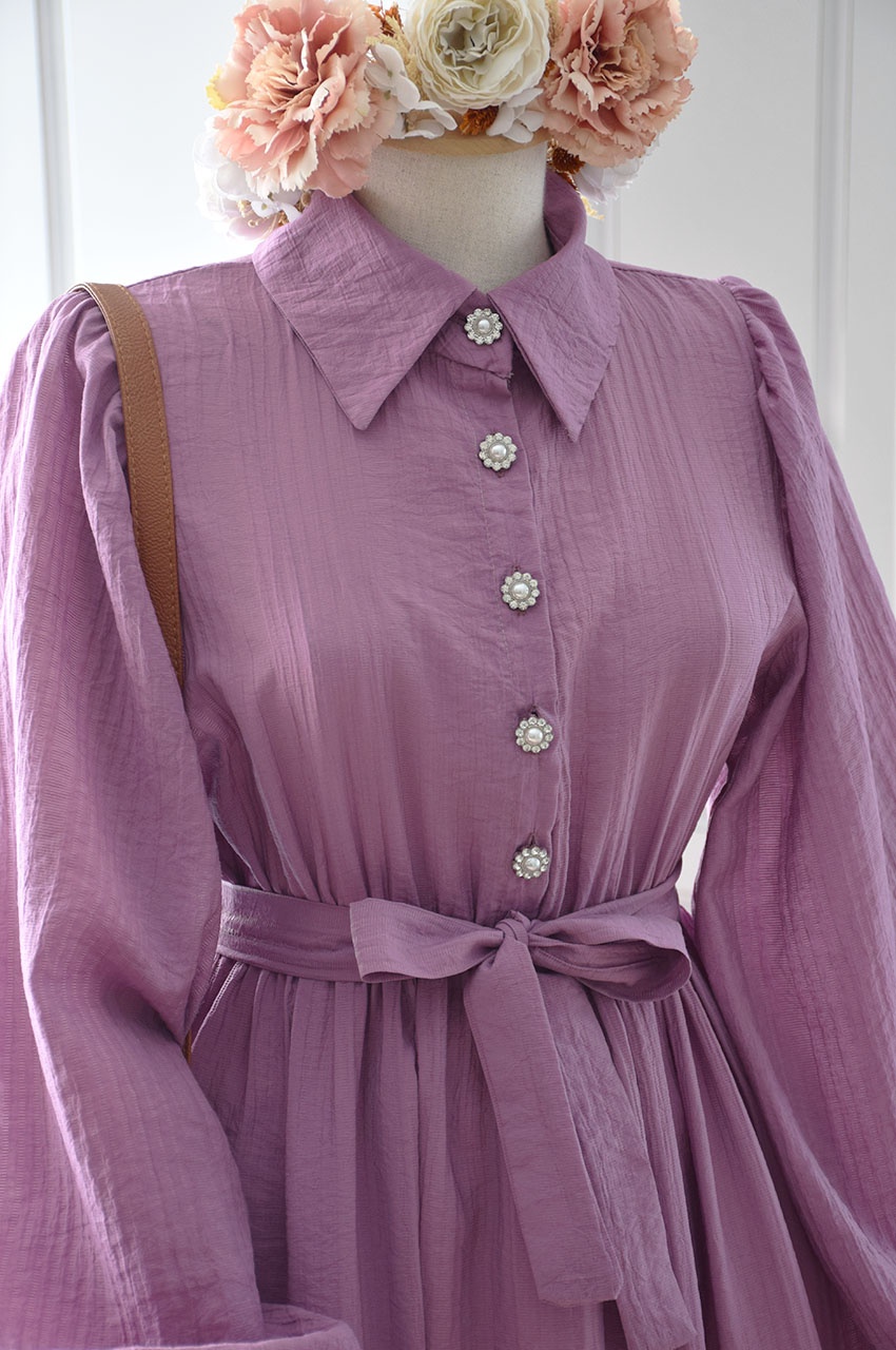 Taş Düğmeli Eflatun Rengi Elbise - Eminos Butik